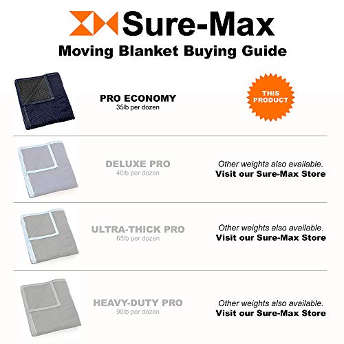 Sure-Max 12 Moving & Packing Blankets - Pro Economy - 80" x 72" (35 lb/dz weight) - Quilted Shipping Furniture Pads Navy Blue and Black