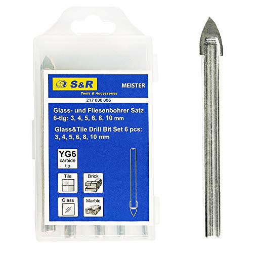 S&R Tile Glass Ceramic Drill Bit Set 6 Pcs.: Diameters 3, 4, 5, 6, 8, 10 mm / 1/8, 5/32, 13/64, 15/64, 5/16, 25/64", Round Shank, with Solid Carbide Tip for Increased Longevity