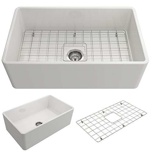 BOCCHI Classico Farmhouse Apron Front Fireclay 30 in. Single Bowl Kitchen Sink with Protective Bottom Grid and Strainer in White