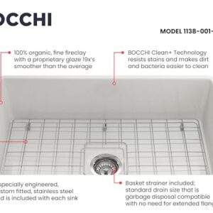 BOCCHI Classico Farmhouse Apron Front Fireclay 30 in. Single Bowl Kitchen Sink with Protective Bottom Grid and Strainer in White