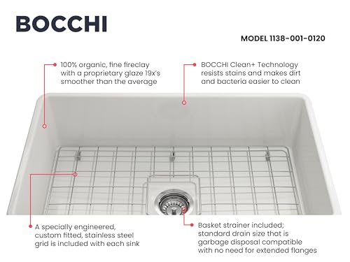 BOCCHI Classico Farmhouse Apron Front Fireclay 30 in. Single Bowl Kitchen Sink with Protective Bottom Grid and Strainer in White