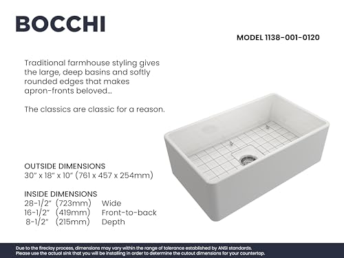 BOCCHI Classico Farmhouse Apron Front Fireclay 30 in. Single Bowl Kitchen Sink with Protective Bottom Grid and Strainer in White