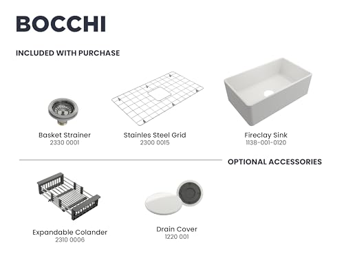 BOCCHI Classico Farmhouse Apron Front Fireclay 30 in. Single Bowl Kitchen Sink with Protective Bottom Grid and Strainer in White