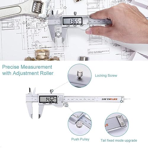 Electronic Digital Vernier Caliper, LOUISWARE Stainless Steel Caliper 150mm/0-6 inch Measuring Tools with Extra-Large LCD Screen, inch/Metric Conversion