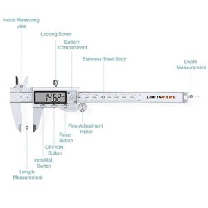 Electronic Digital Vernier Caliper, LOUISWARE Stainless Steel Caliper 150mm/0-6 inch Measuring Tools with Extra-Large LCD Screen, inch/Metric Conversion