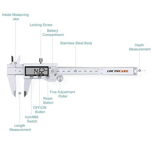 Electronic Digital Vernier Caliper, LOUISWARE Stainless Steel Caliper 150mm/0-6 inch Measuring Tools with Extra-Large LCD Screen, inch/Metric Conversion