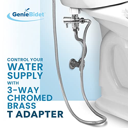 GenieBidet Hybrid LEAK-STOP Chromed Brass 3-Way T Adapter with ON/OFF. Simple hand-nut install. Resists cross-threading your plastic toilet fill valve.