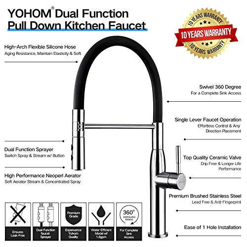 Yohom Black Kitchen Faucet with Pull Down Sprayer Stainless Steel Kitchen Sink Faucet High Arc Single Handle with Pull Out Dual Function Sprayer Modern Single Hole Faucet Brushed Finish