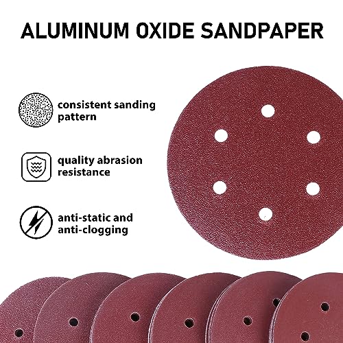 LotFancy Sanding Discs 6 Inch 6 Hole, 130PCS 40 60 80 100 120 180 240 320 400 800 1000 1500 2000 Grit Sandpaper Assortment - Orbital Sander Pad, Hook and Loop Round Sand Paper