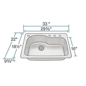 MR Direct Stainless Steel T346 Single Bowl 33" x 22" Drop-In Kitchen Sink, 18-Gauge