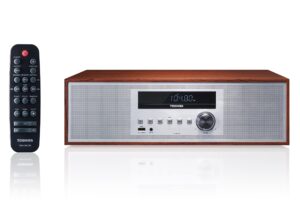 toshiba ty-cwu700 vintage style retro look micro component wireless bluetooth audio streaming & cd player wood speaker system + remote, usb port for mp3 playback, fm stereo digital tuner, aux input