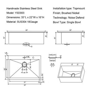 Friho 33"x 22" Inch Drop-in Stainless Steel Kitchen Sink,Brushed Nickel Topmount Kitchen Sinks,SUS304 Commercial Handmade 18 Gauge Single Bowl Large Basin With Dish Grid and Basket Strainer