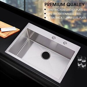 Friho 33"x 22" Inch Drop-in Stainless Steel Kitchen Sink,Brushed Nickel Topmount Kitchen Sinks,SUS304 Commercial Handmade 18 Gauge Single Bowl Large Basin With Dish Grid and Basket Strainer