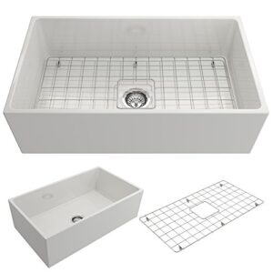 bocchi contempo farmhouse apron front fireclay 33 in. single bowl kitchen sink with protective bottom grid and strainer in white