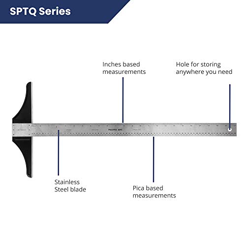 Pacific Arc 36 Inch T Square, Traditional Stainless Steel, Graduated Inch and Pica