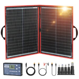 dokio 110w 18v portable foldable solar panel kit (21x28inch, 5.9lb),solar controller 2 usb output to charge 12v batteries/power station (agm, lifepo4) rv camping trailer emergency power