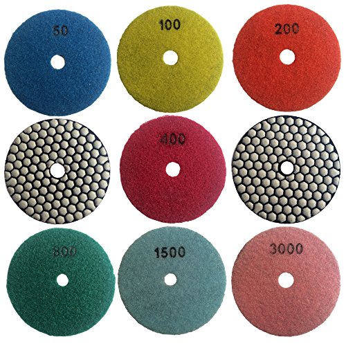 Easy Light 4 Inch Diamond Dry Polishing Pads for Granite Marble Polish (8 Pcs Set, Grit 50-3000 Buff)