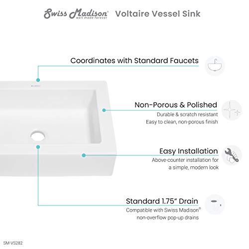 Swiss Madison SM-VS282 Voltaire Wide Rectangle Vessel Sink, Glossy White