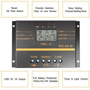 Y&H 80A Solar Charge Controller 12V 24V LCD Display USB Output Solar Panel Controller Multip Circuit Protection Solar Charger Discharge Regulator for Lighting System,with Dark Activated Function