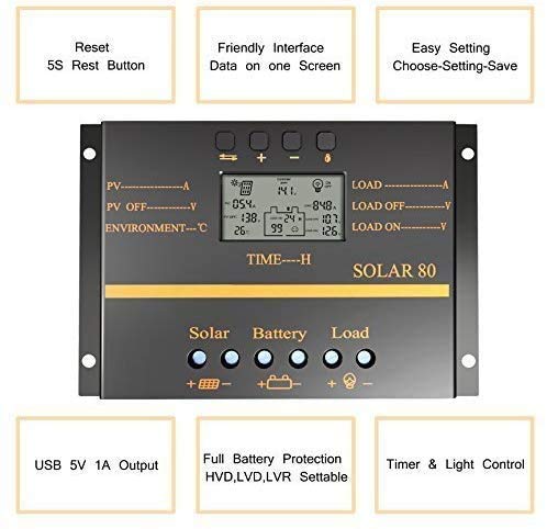 Y&H 80A Solar Charge Controller 12V 24V LCD Display USB Output Solar Panel Controller Multip Circuit Protection Solar Charger Discharge Regulator for Lighting System,with Dark Activated Function