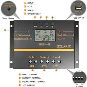 Y&H 80A Solar Charge Controller 12V 24V LCD Display USB Output Solar Panel Controller Multip Circuit Protection Solar Charger Discharge Regulator for Lighting System,with Dark Activated Function