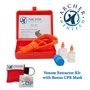 Ven-Ex Snake Bite Kit, Bee Sting Kit, Venom Extractor Suction Pump, Bite and Sting First Aid for Hiking, Backpacking and Camping. Includes Bonus CPR face Shield by Archer MedTech.