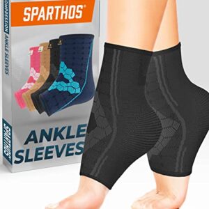 Sparthos Ankle Compression Sleeve (Pair) – Plantar Fasciitis Brace with Arch Support – Foot Ankle Socks for Men and Women – Increase Blood Circulation, Reduce Swelling & Heel Spurs (Black-M)