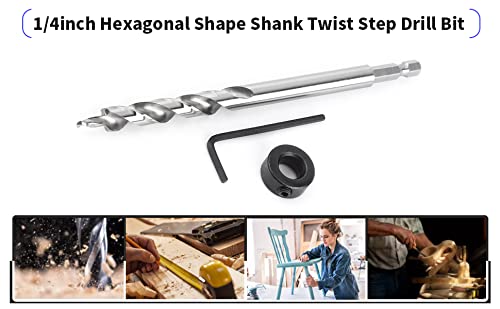 3/8" Twist Step Drill Bit Hex Shank Pocket Hole Drill Bit with Adjustable Depth Stop Collar for Pocket Hole Jig Kit