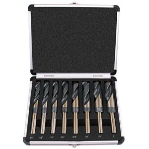 efficere 8-piece premium 1/2” reduced shank silver and deming large drill bit set in aluminum carry case, m2 high speed steel, 135-degree split point | sae inch size 9/16” - 1” by 1/16th increment