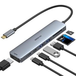 usb c hub hdmi adapter for macbook pro/air, mokin 7 in 1 usb c dongle with hdmi, sd/tf card reader, usb c data port,100w pd, and 2 usb 3.0 compatible for macbook pro/air, dell xps, lenovo thinkpad.