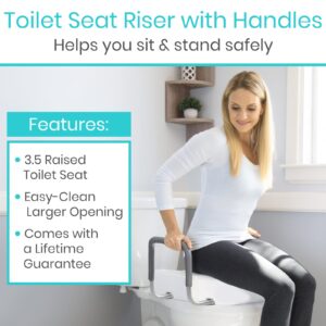 Vive Toilet Seat Risers for Seniors (Raised with Handles) Grab Bar Seat for Seniors - Options for Elongated & Standard Bowls - Elderly Handicap Medical Hip Replacement Surgery Lift, Easy Clean, White