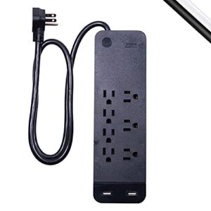 ge pro 7-outlet surge protector, 2 usb ports, 3 ft extension cord, 1780 joules, 2.1 amp/10 watt, 3 adapter spaced outlets, flat plug, wall mount, warranty, ul listed, black, 37054