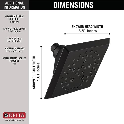 Delta Faucet 5-Spray H2Okinetic Raincan Shower Head, Black Showerhead, Square Shower Head, Delta Shower Head, Water Saving Shower Head, Matte Black 52664-BL