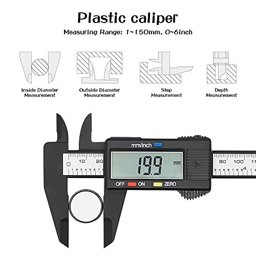 Illumifun Electronic Digital Caliper 6 Inch - Plastic Vernier Caliper, Caliber Measuring Tool, 0-6 Inch/0-150 mm Micrometer Ruler with Large LCD Screen, Auto-Off Featured Calipers (Black)