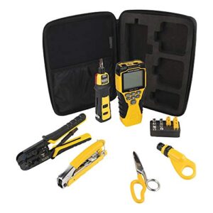 klein tools vdv001819 tool set, cable installation test set with crimpers, scout pro 3 cable tester, snips, punchdown tool, case, 6-piece