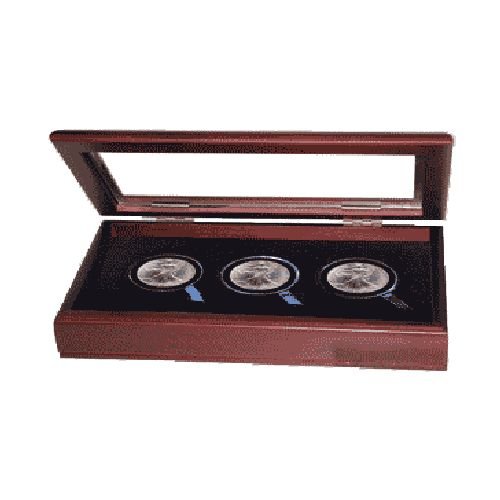 Wood Glass Top Display Box for 3 Extra Large or Air-Tite I Coin Capsules / 2" Challenge Coins