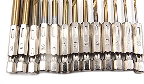 Driak 13pc Metric Hex Shank Quick Change Titanium Coated HHS Twist Drill Bits Set for Power Tools (1.5-6.5mm)