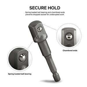 Impact Grade Socket Adapter Set - 3 Packs Drill Bit Adapter with Bit Holder, Sizes 1/4", 3/8", 1/2", 1/4-Inch Hex Shank, Cr-V, for Cordless Drill & Screwdriver, Power Drill & Driver