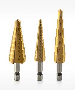 qwork 3 pcs titanium step drill bit set, high speed steel, 1/8" - 3/4" total 28 sizes, hss multiple hole drilling cutting with storage bag