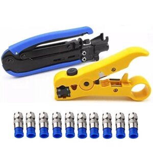 gaobige coaxial compression tool coax cable crimper kit adjustable rg6 rg59 rg11 75-5 75-7 coaxial cable stripper with 10pcs f compression connectors - blue