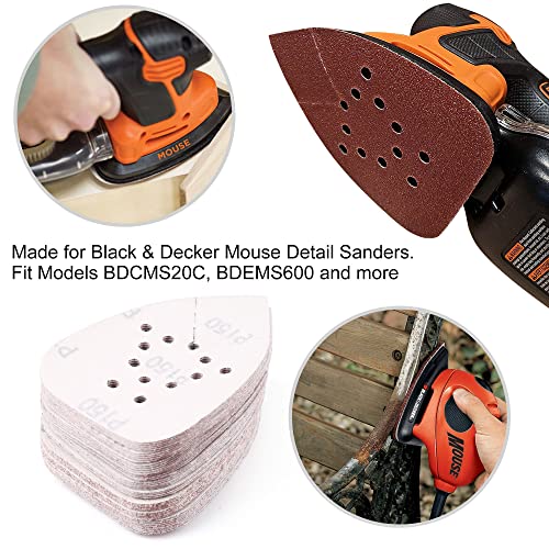 LotFancy Sanding Pads for Black and Decker Mouse Sanders, 50PCS 60 80 120 150 220 Grit Sandpaper Assortment - 12 Hole Hook and Loop Detail Palm Sander Sanding Sheets Sand Paper