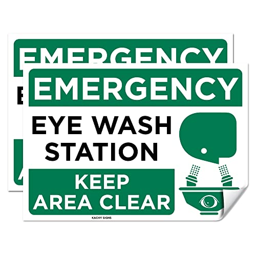 Kachy Signs - (Set of 2) Emergency Eye Wash Station Sign - 10" x 7" - Durable Self Adhesive 4 Mil Vinyl - Laminated - Fade & Scratch Resistant - Waterproof – OSHA Approved Eyewash Station Sticker for Lab, School or Hospital