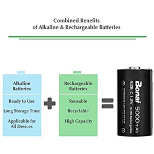 BONAI Rechargeable C Batteries 5,000mAh 1.2V Ni-MH High Capacity High Rate C Size Battery C Cell Rechargeable Batteries (8 Pack)