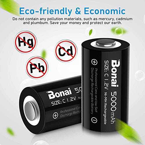 BONAI Rechargeable C Batteries 5,000mAh 1.2V Ni-MH High Capacity High Rate C Size Battery C Cell Rechargeable Batteries (8 Pack)