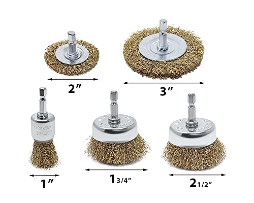 LINE10 Tools 5pk Wire Brush Drill Attachment Set Brass Coated for Cleaning Rust Hex Shank Fits Impact Driver