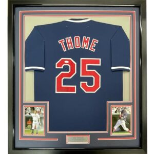 framed autographed/signed jim thome 33x42 cleveland blue baseball jersey jsa coa