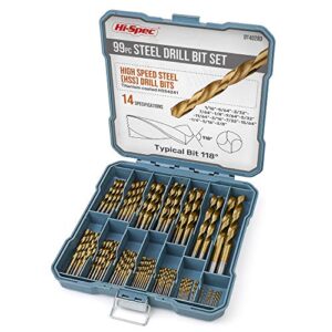 hi-spec 99pc sae hss steel drill bit set for drill drivers. 1/16 to 3/8" size bits for metal, plastics, wood and drywall. complete in storage holder case