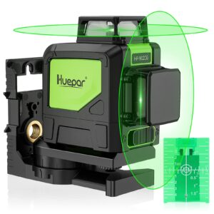 huepar 902cg self-leveling 360-degree cross line laser level with pulse mode, switchable horizontal and vertical green beam laser tool, magnetic pivoting base included