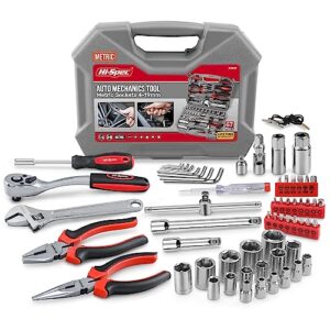 hi-spec tools 67pc metric auto mechanic tool set, motorcycle & car tool kit, auto repair tool set with pliers, screwdriver set, socket kit & tool box storage case for cars, trucks, boats rvs & jeeps.