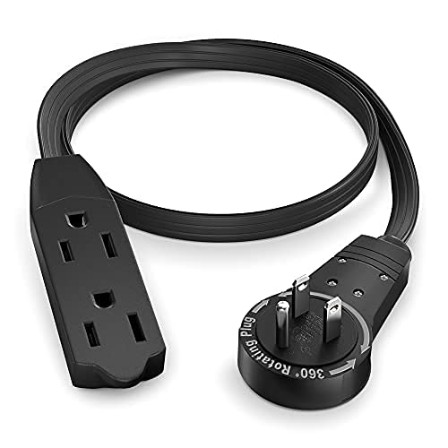 Maximm Cable 1 Ft 360° Rotating Flat Plug Extension Cord/Wire, 16 AWG Multi 3 Outlet Extension Wire, 3 Prong Grounded Wire - Black - UL Certified